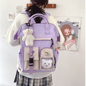 HIDRUO Kawaii Aesthetic Backpack with Cute Accessories Large Capacity Multi-pocket Girl School Bag Rucksack (Purple)