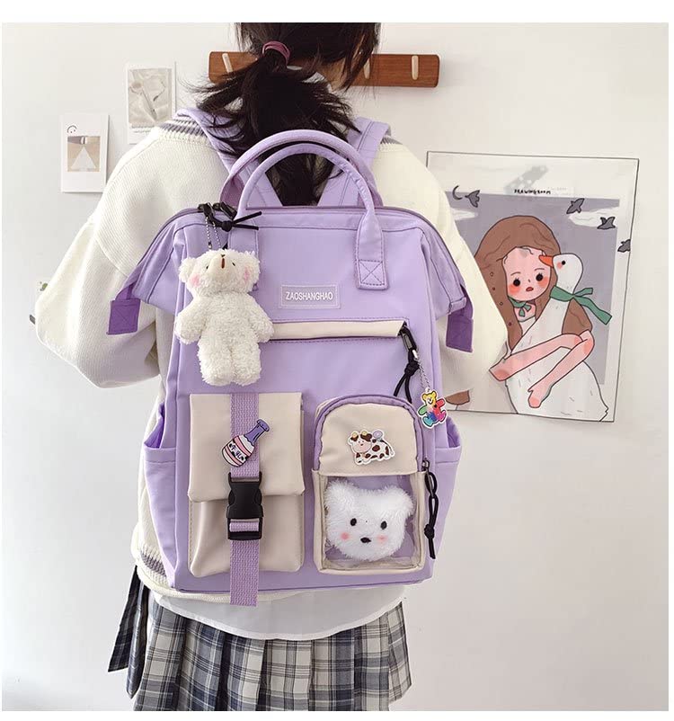 HIDRUO Kawaii Aesthetic Backpack with Cute Accessories Large Capacity Multi-pocket Girl School Bag Rucksack (Purple)