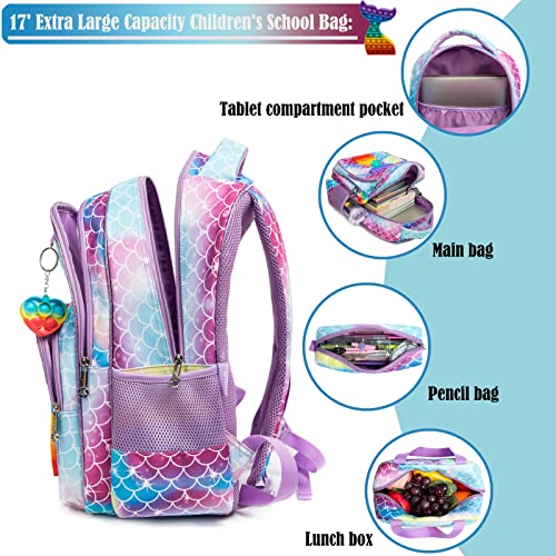 Egchescebo Girls Mermaid Toy backpack School Bookbag for Girls Kids Bling Elementary Backpacks 17" 3PCS Toddler with Lunch Box Girls Bookbag Unicorn Bags Blue