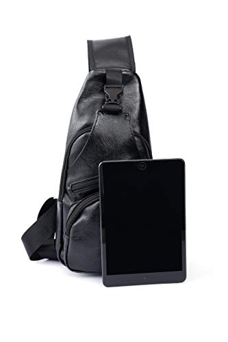 Large Vintage Men's Leather Sling Bag,Chest Shoulder Backpack, Water waterproof Crossbody Bag with USB Charging Port -Large Black