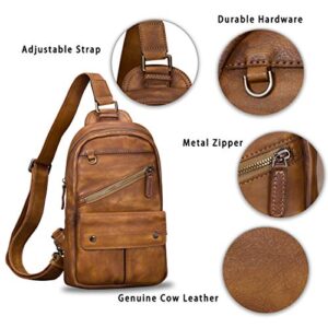 Genuine Leather Sling Bag for Men Vintage Handmade Crossbody Daypack Retro Hiking Backpack Chest Bag Casual Shoulder Bag Sling Purse (Brown)