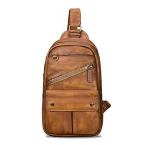 Genuine Leather Sling Bag for Men Vintage Handmade Crossbody Daypack Retro Hiking Backpack Chest Bag Casual Shoulder Bag Sling Purse (Brown)