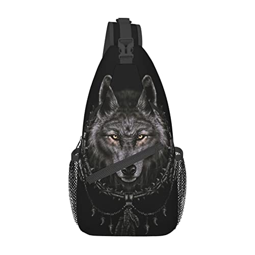 Tribal wolf black Crossbody Backpack Daypack Large Sling Bag With Water Bottle Holder for Men Women Gym Travel Hiking Chest Bags