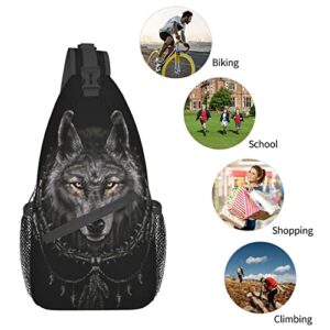 Tribal wolf black Crossbody Backpack Daypack Large Sling Bag With Water Bottle Holder for Men Women Gym Travel Hiking Chest Bags