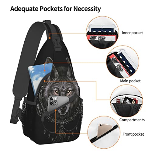 Tribal wolf black Crossbody Backpack Daypack Large Sling Bag With Water Bottle Holder for Men Women Gym Travel Hiking Chest Bags