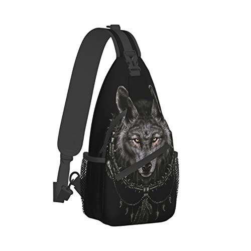 Tribal wolf black Crossbody Backpack Daypack Large Sling Bag With Water Bottle Holder for Men Women Gym Travel Hiking Chest Bags