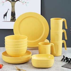 Kyraton Plastic Dinnerware Sets of 20 Pieces, Unbreakable And Reusable Light Weight Plates Mugs Bowls Dishes Easy to Carry And Clean Microwave Safe BPA Free Dishwasher Safe Service For 4 (Gold Yellow)