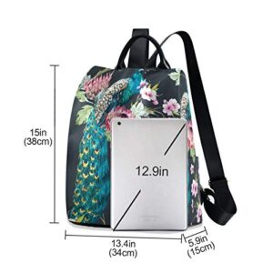 ALAZA Watercolor Peacock Flower Floral Backpack Purse for Women Anti Theft Fashion Back Pack Shoulder Bag