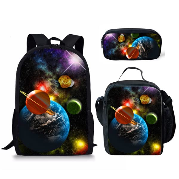 TOADDMOS Universe Planet Galaxy Backpacks for Teens Boy School Backpack with Lunch Bag and Pencil Case, 3 Pieces School Bag Set for Kids