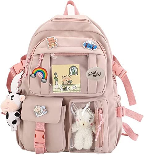 LIEEI Backpack with Cute Pins and Plush Pendant for Teen Girls School Large Capacity Waterproof School Bag Bookbag Backpacks (Pink-2)