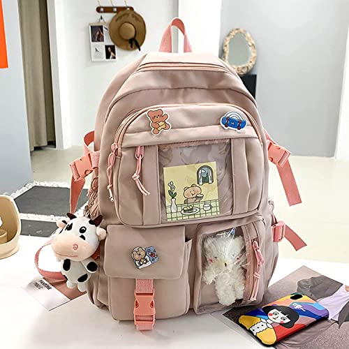 LIEEI Backpack with Cute Pins and Plush Pendant for Teen Girls School Large Capacity Waterproof School Bag Bookbag Backpacks (Pink-2)