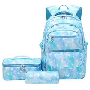 JiaYou School Backpack Sets 3pcs Stars Prints Daypack For Teens Girls Primary School Students(Blue Stars,22 Liters)