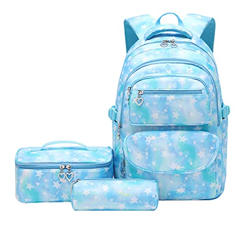 JiaYou School Backpack Sets 3pcs Stars Prints Daypack For Teens Girls Primary School Students(Blue Stars,22 Liters)