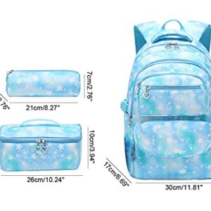 JiaYou School Backpack Sets 3pcs Stars Prints Daypack For Teens Girls Primary School Students(Blue Stars,22 Liters)