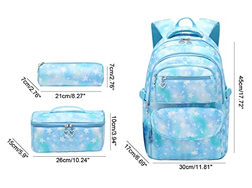 JiaYou School Backpack Sets 3pcs Stars Prints Daypack For Teens Girls Primary School Students(Blue Stars,22 Liters)