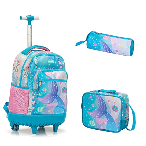 VLIVE Rolling Backpack Set for Girls, Wheeled Kid Backpack w/Lunch Bag & Pencil Case, 20 Inch (Mermaid)