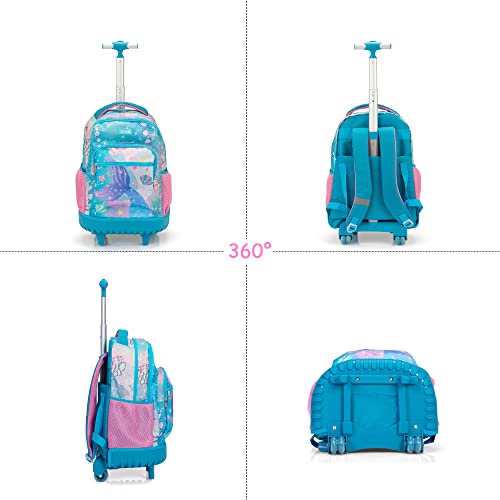 VLIVE Rolling Backpack Set for Girls, Wheeled Kid Backpack w/Lunch Bag & Pencil Case, 20 Inch (Mermaid)