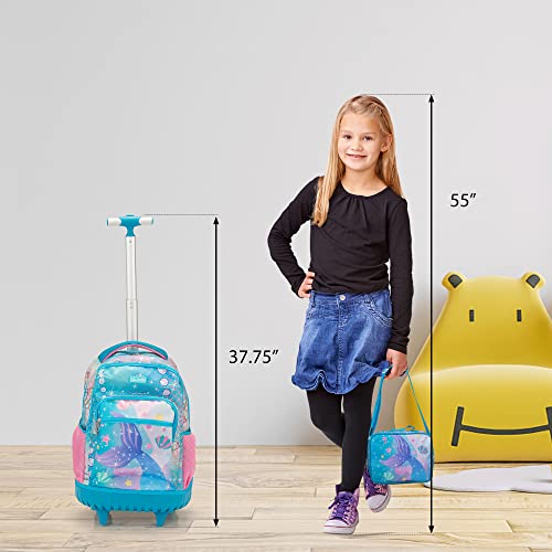 VLIVE Rolling Backpack Set for Girls, Wheeled Kid Backpack w/Lunch Bag & Pencil Case, 20 Inch (Mermaid)