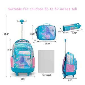 VLIVE Rolling Backpack Set for Girls, Wheeled Kid Backpack w/Lunch Bag & Pencil Case, 20 Inch (Mermaid)