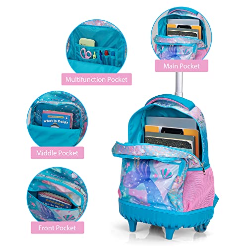 VLIVE Rolling Backpack Set for Girls, Wheeled Kid Backpack w/Lunch Bag & Pencil Case, 20 Inch (Mermaid)