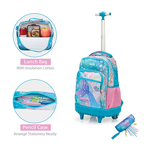 VLIVE Rolling Backpack Set for Girls, Wheeled Kid Backpack w/Lunch Bag & Pencil Case, 20 Inch (Mermaid)