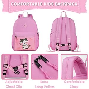 Kasqo Kids Backpack, 14" Toddler Backpack for Little Boys and Girls Kindergarten Preschool Bookbag With Chest Strap, Pink Kitty