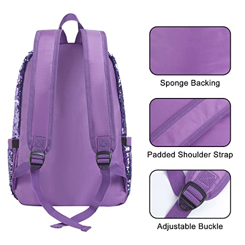 HeySun Sequin Backpack for Girls Bookbag Kids Back Pack for School Elementary School Bag for Boys Purple