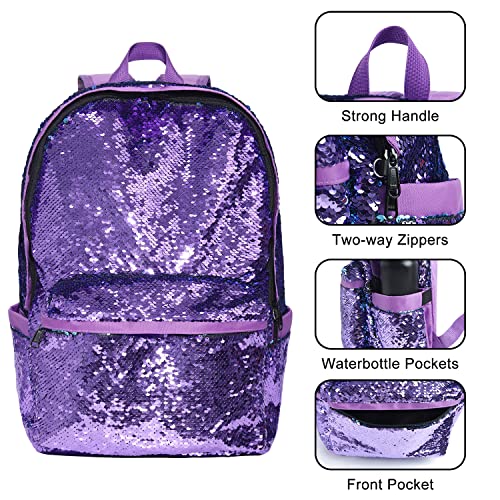 HeySun Sequin Backpack for Girls Bookbag Kids Back Pack for School Elementary School Bag for Boys Purple