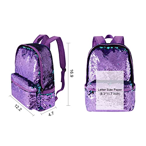 HeySun Sequin Backpack for Girls Bookbag Kids Back Pack for School Elementary School Bag for Boys Purple