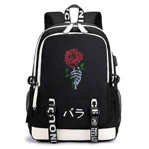 fdgdfg black/white rose aesthetic backpack skeleton hand red rose flower goth gothic soft grunge laptop with usb port (black8)