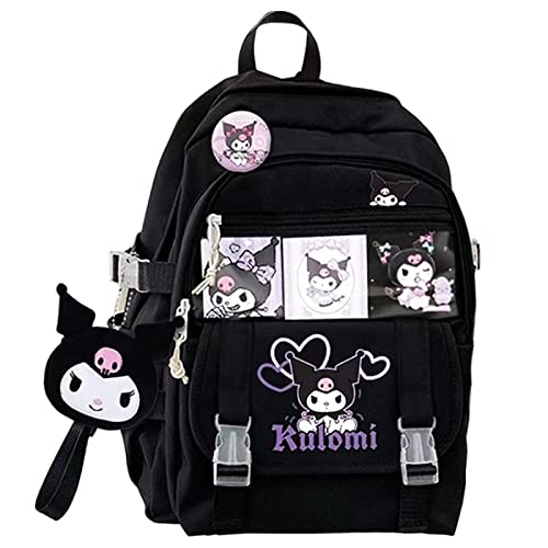 TOMYEUS Ku-romi Backpack School Bag, Kawaii Backpack For Girls With Cute Pin, Large Cute Bag School For Girl 12-14, New Term Gift,black