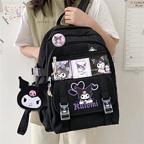 TOMYEUS Ku-romi Backpack School Bag, Kawaii Backpack For Girls With Cute Pin, Large Cute Bag School For Girl 12-14, New Term Gift,black