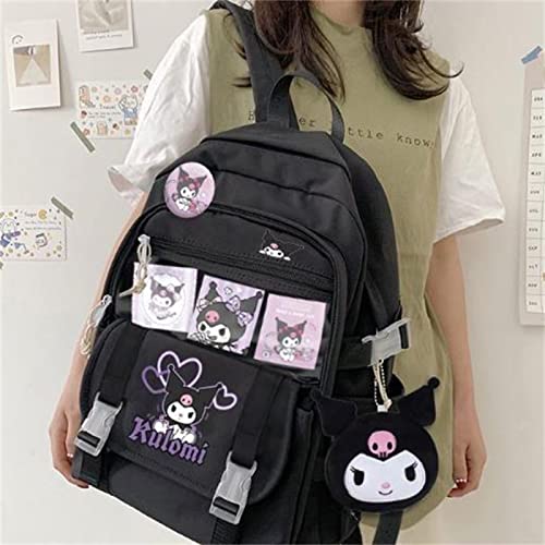 TOMYEUS Ku-romi Backpack School Bag, Kawaii Backpack For Girls With Cute Pin, Large Cute Bag School For Girl 12-14, New Term Gift,black