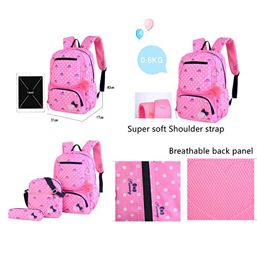 EKUIZAI 3Pcs Heart Prints Backpack Sets 3 in 1 Bowknot Primary Schoolbag Travel Daypack School Bag Kit Knapsack for Students Large