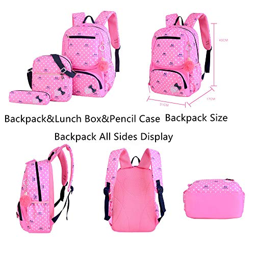 EKUIZAI 3Pcs Heart Prints Backpack Sets 3 in 1 Bowknot Primary Schoolbag Travel Daypack School Bag Kit Knapsack for Students Large