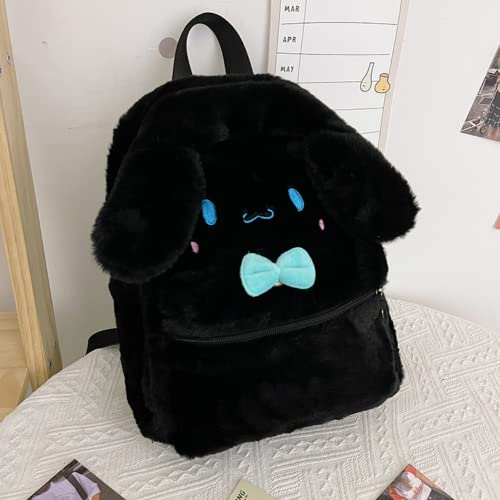 Kawaii fluffy plush fuzzy cute aesthetic backpack teenage school gift for birthday Christmas Winter (black)