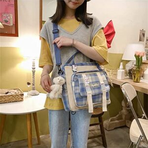 Kawaii Backpack with Kawaii Pin and Bear Plush Mini Cute Japanese School Bag Anime Shoulder Bag (Blue)