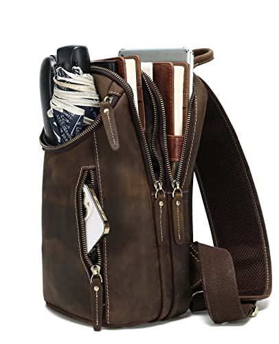 Taertii Small Leather Sling Bag, One Strap Shoulder Crossbody Chest Backpack Daypack for Hiking Travel - Brown (8"x13")