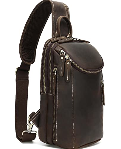 Taertii Small Leather Sling Bag, One Strap Shoulder Crossbody Chest Backpack Daypack for Hiking Travel - Brown (8"x13")