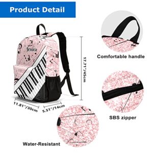 Personalized School Backpack,Piano Music Rose Gold Glitter Custom Casual 17 Inch Durable Bag for Girls Boys