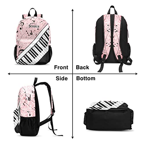 Personalized School Backpack,Piano Music Rose Gold Glitter Custom Casual 17 Inch Durable Bag for Girls Boys