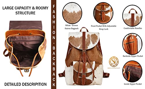 SH SHIFAA HANDICRAFT Leather Backpack Purse for Women & Men Travel Rucksack Hiking School Tote Bag Large 16 Inches Shoulder Laptop Bag Cowhide Hair-on Leather Bag