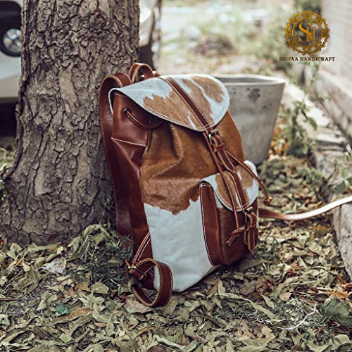 SH SHIFAA HANDICRAFT Leather Backpack Purse for Women & Men Travel Rucksack Hiking School Tote Bag Large 16 Inches Shoulder Laptop Bag Cowhide Hair-on Leather Bag