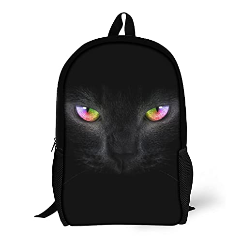 Kamoxi Cool Cat School Backpack Funny Black Cat with Rainbow Eyes Animal Pet Book Bag Travel Daypack Water Resistant Rucksack Big Knapsack Fashion Schoolbags for Kids Teen Boys Girls 17 Inch