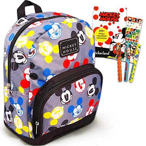 Fast Forward New York Disney Mickey Mouse Preschool Backpack for Kids, Toddlers ~ 5 Pc School Supplies Bundle with Canvas 10 inch Mini Backpack, 300 Stickers, Pens, and More