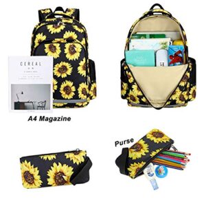 School Backpacks Girls Sunflower Bookbag Water-resistant Schoolbag Kids Insulation Lunch bag and Pencil case (Sunflower - Black)