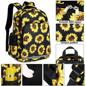 School Backpacks Girls Sunflower Bookbag Water-resistant Schoolbag Kids Insulation Lunch bag and Pencil case (Sunflower - Black)