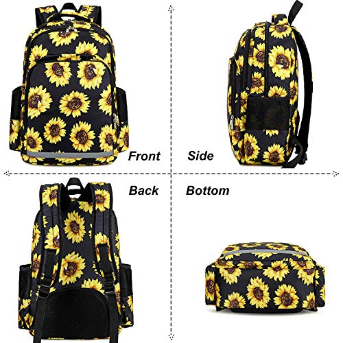 School Backpacks Girls Sunflower Bookbag Water-resistant Schoolbag Kids Insulation Lunch bag and Pencil case (Sunflower - Black)