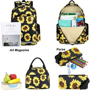 School Backpacks Girls Sunflower Bookbag Water-resistant Schoolbag Kids Insulation Lunch bag and Pencil case (Sunflower - Black)