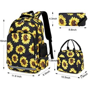 School Backpacks Girls Sunflower Bookbag Water-resistant Schoolbag Kids Insulation Lunch bag and Pencil case (Sunflower - Black)